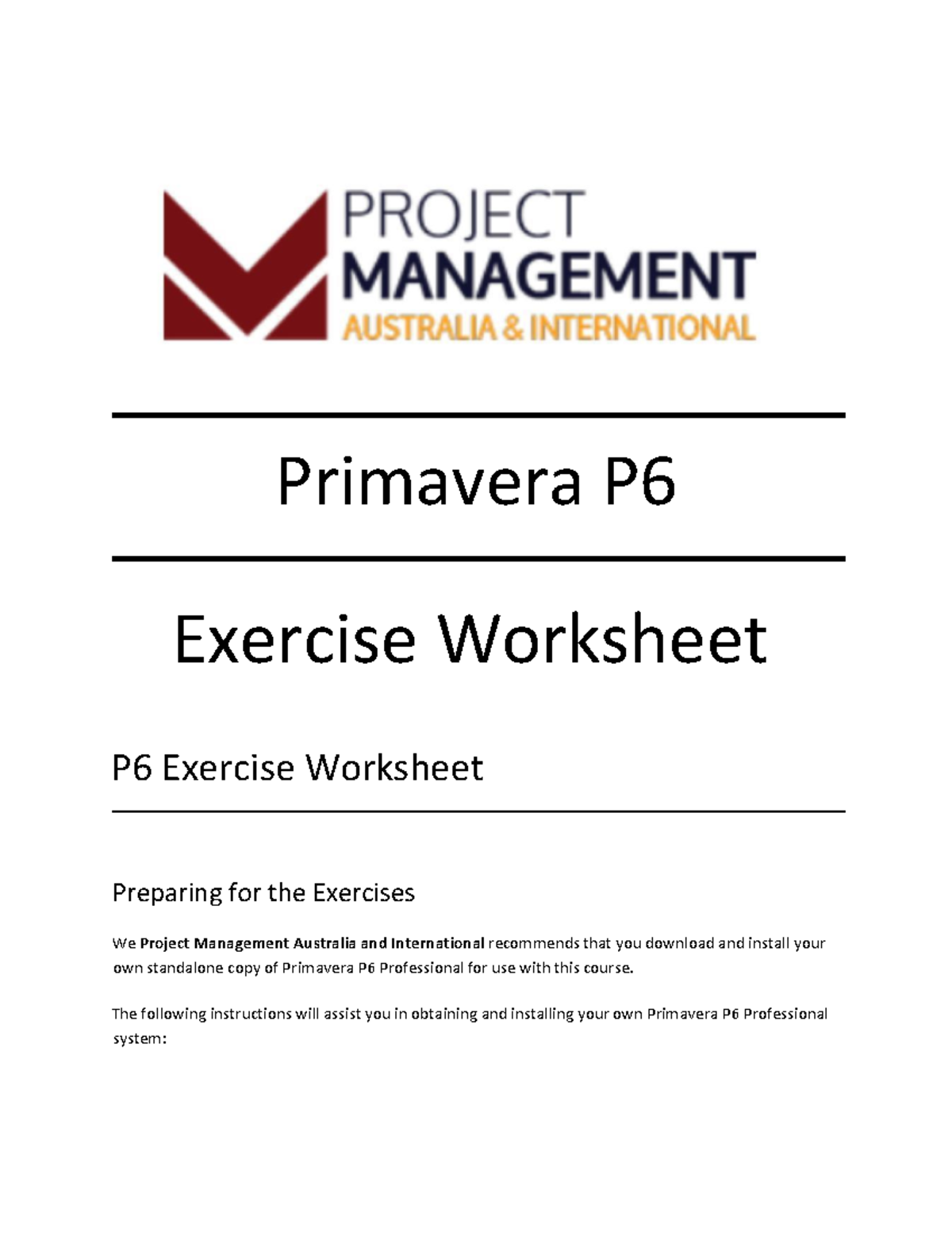 Primavera P6 Exercise Worksheet: Project Management Training Guide ...