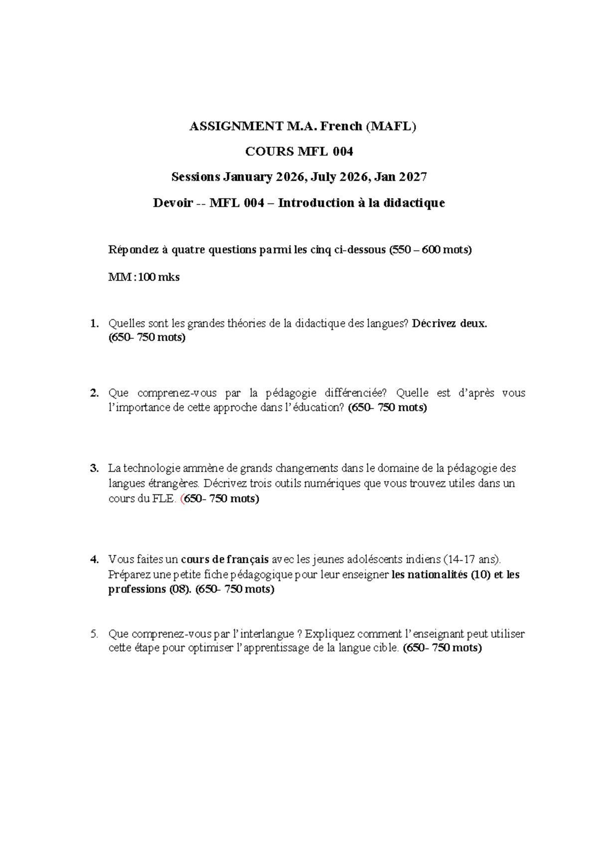MFL 004 Assignment: Didactics in Language Teaching (Jan 2026 - Jul 2026 ...