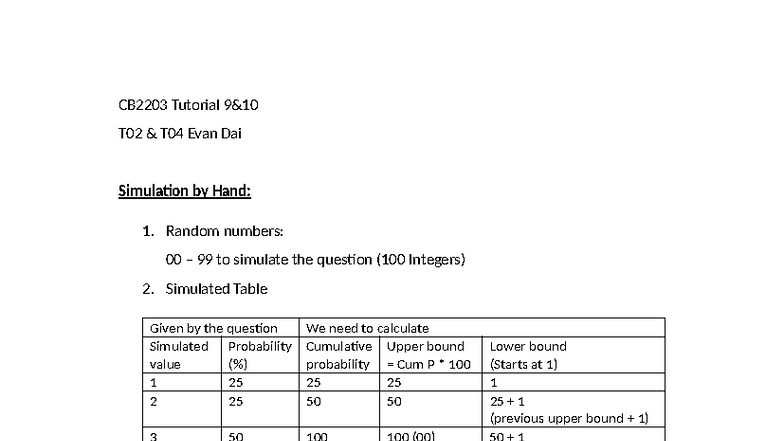 CB2203 Tutorial 8 & 9: Simulation Techniques and Probability Analysis ...