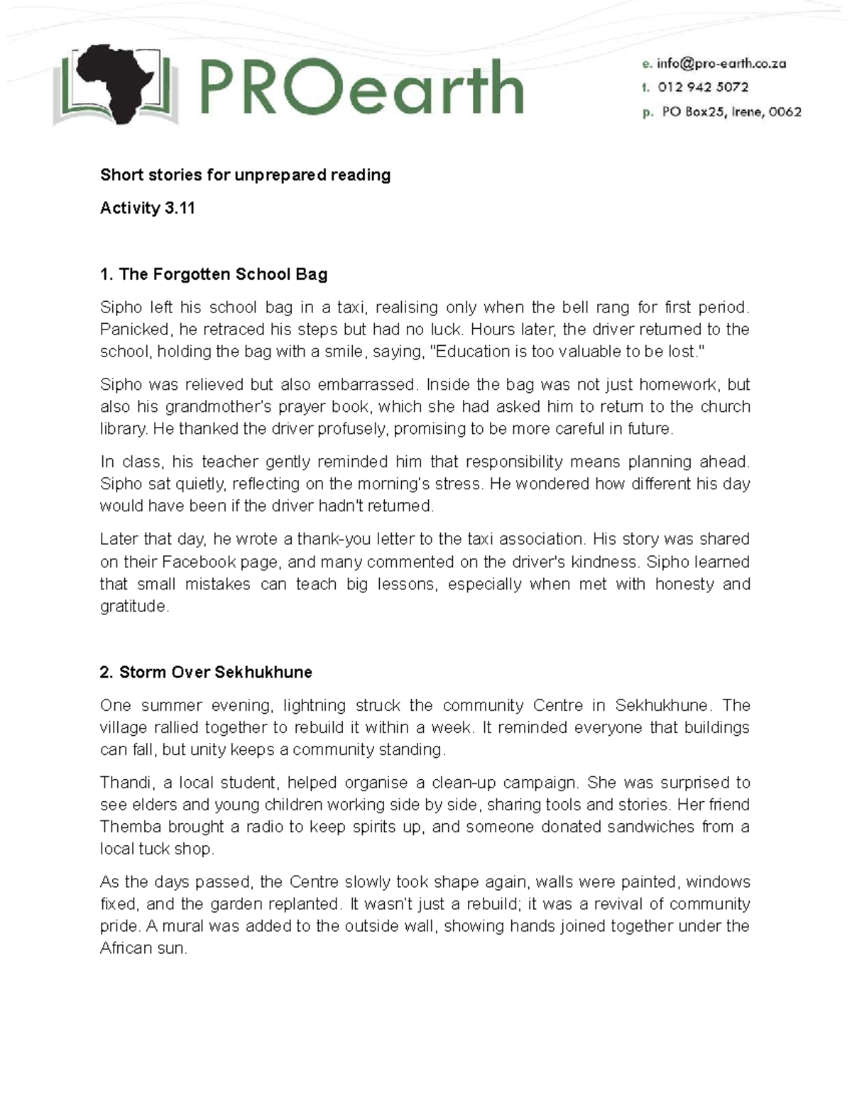 Module 3: Short Stories for Unprepared Reading Activities - Studocu