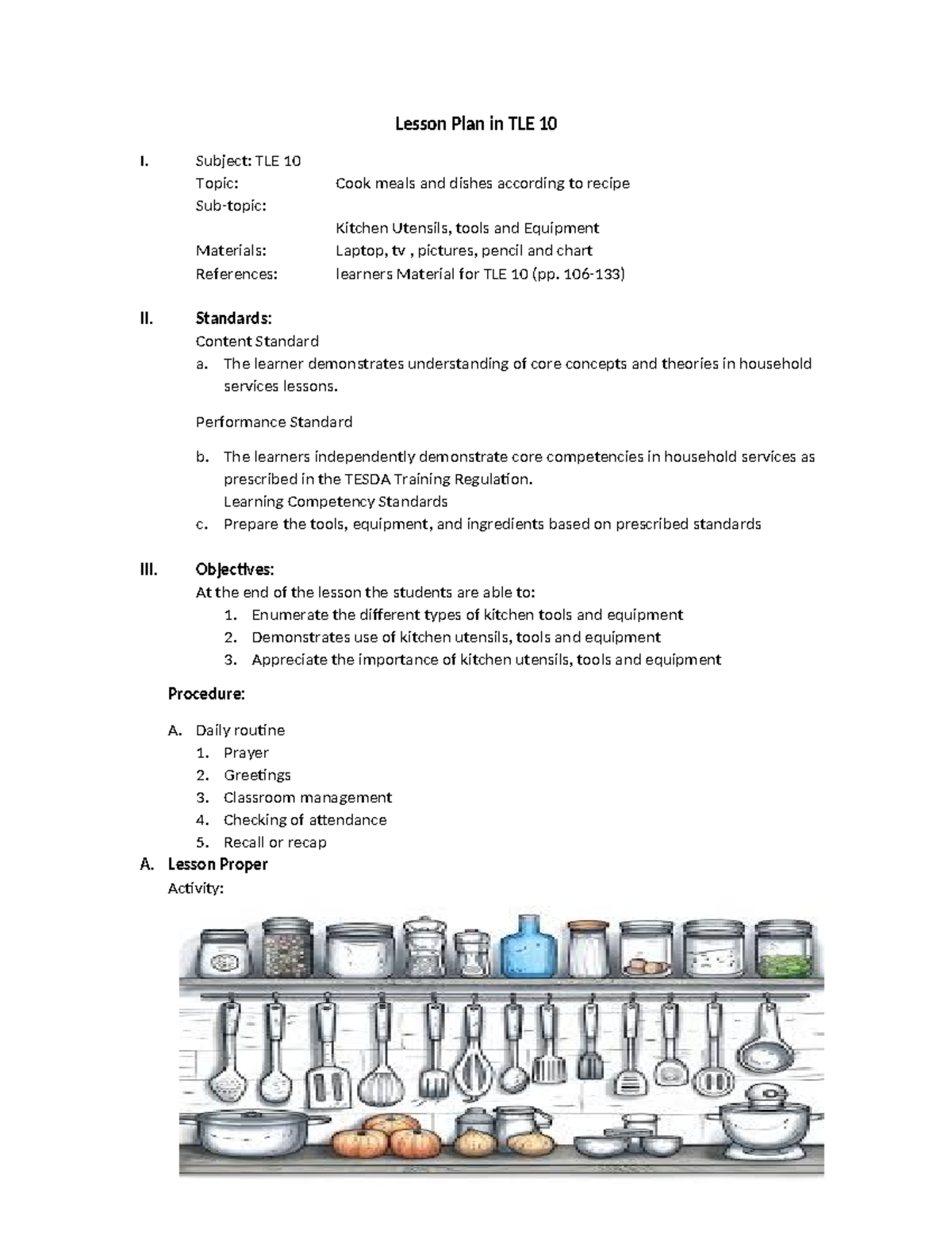TLE 10 Lesson Plan: Understanding Kitchen Tools & Equipment - Studocu