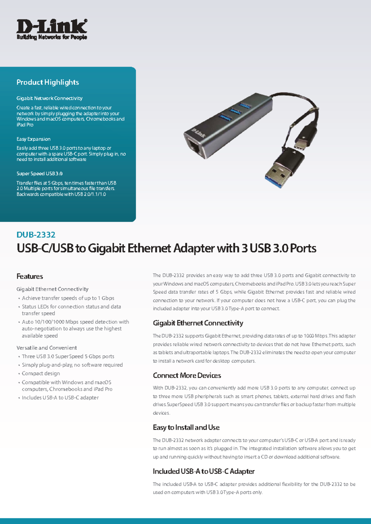 DUB 2332 Datasheet EN EU - USB-C/USB to Gigabit Ethernet Adapter with 3 ...