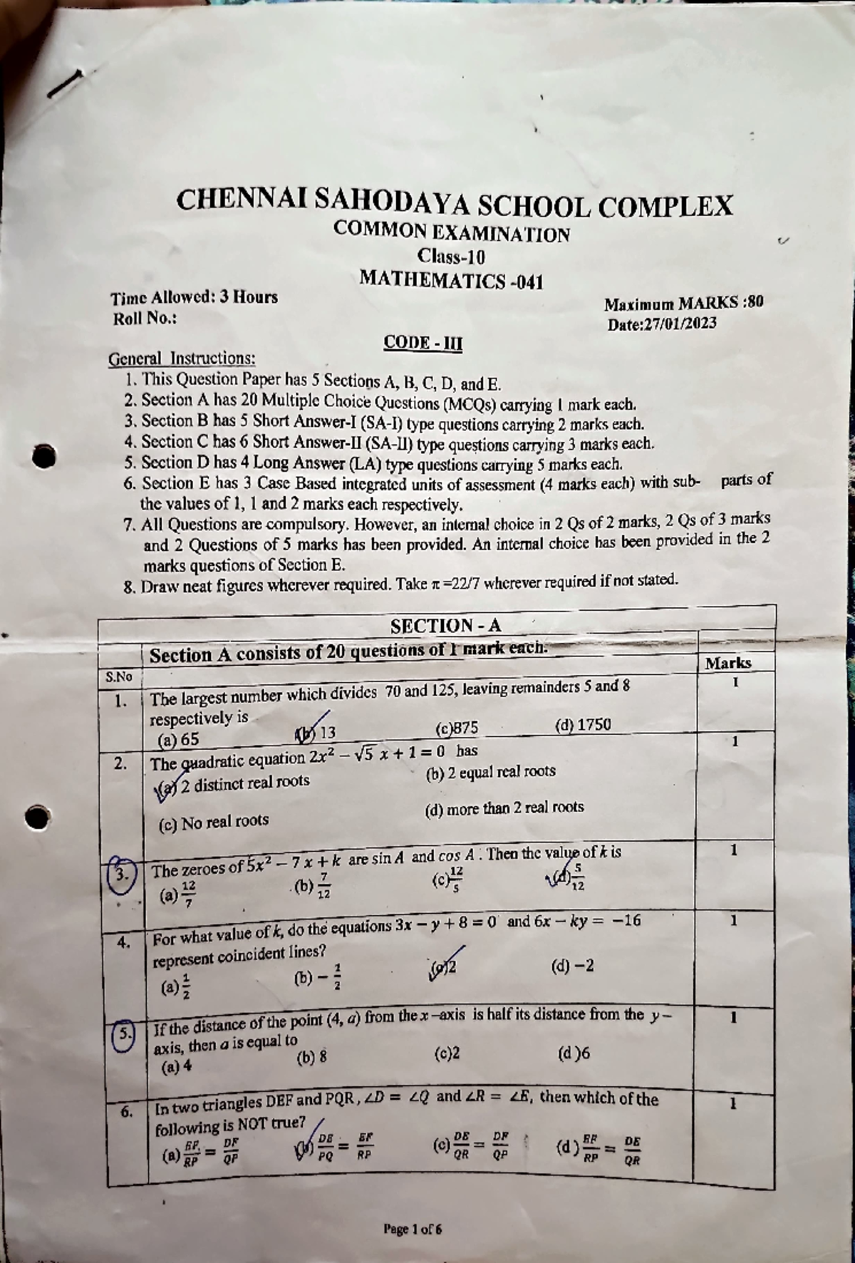 Mathematics CODE-III Common Examination Question Paper - Studocu