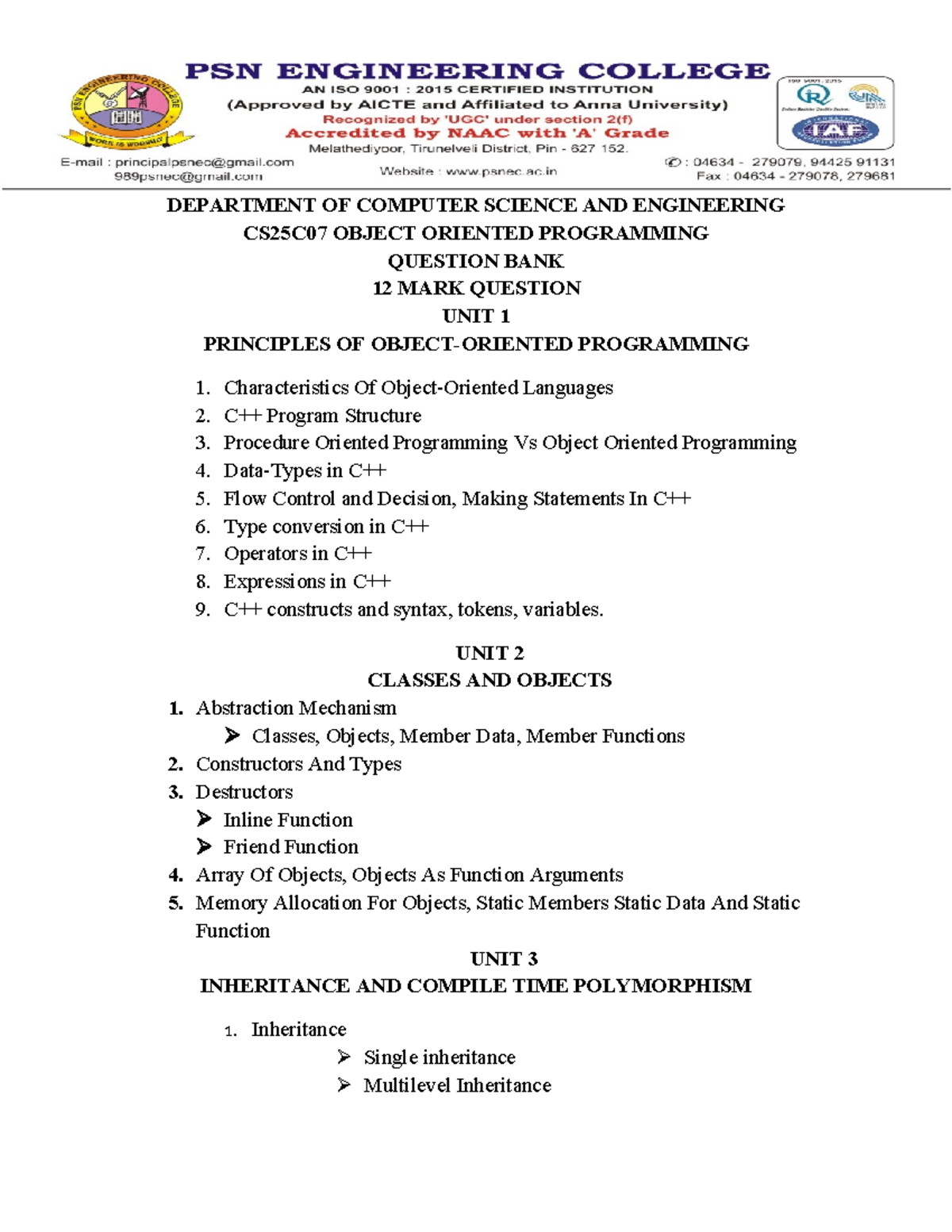 12 MARK Question Bank - CS25C07 Object Oriented Programming - Studocu