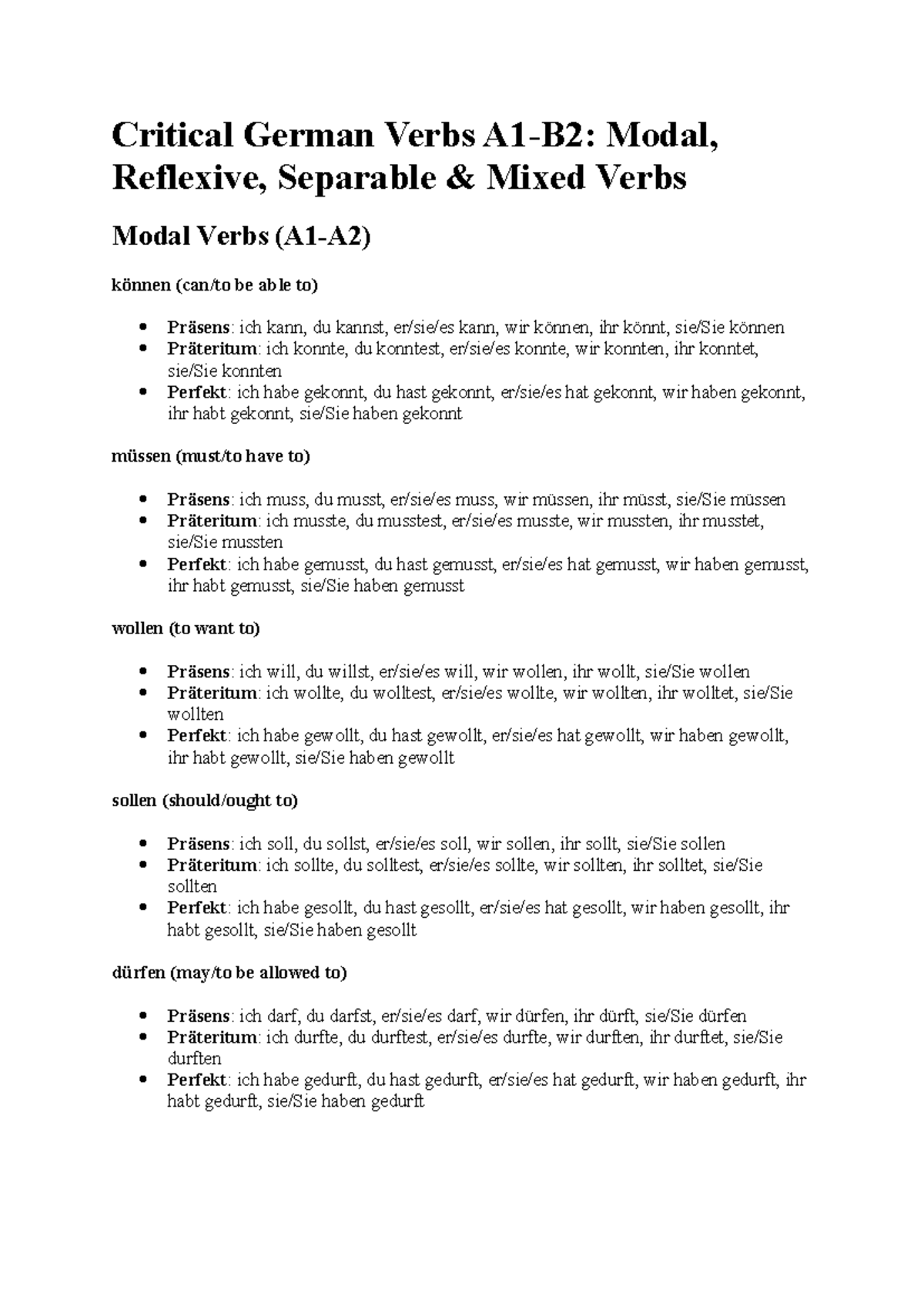 Critical German Verbs A1: Modal, Reflexive, Separable, Mixed - Studocu