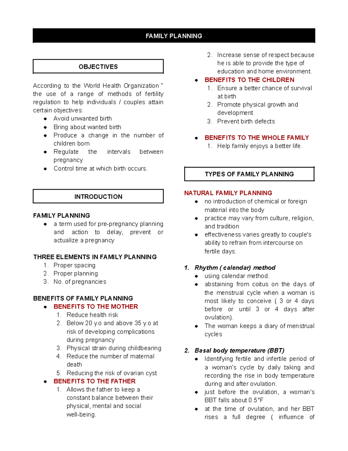 Nursing Notes on Family Planning: Key Concepts and Methods - Studocu