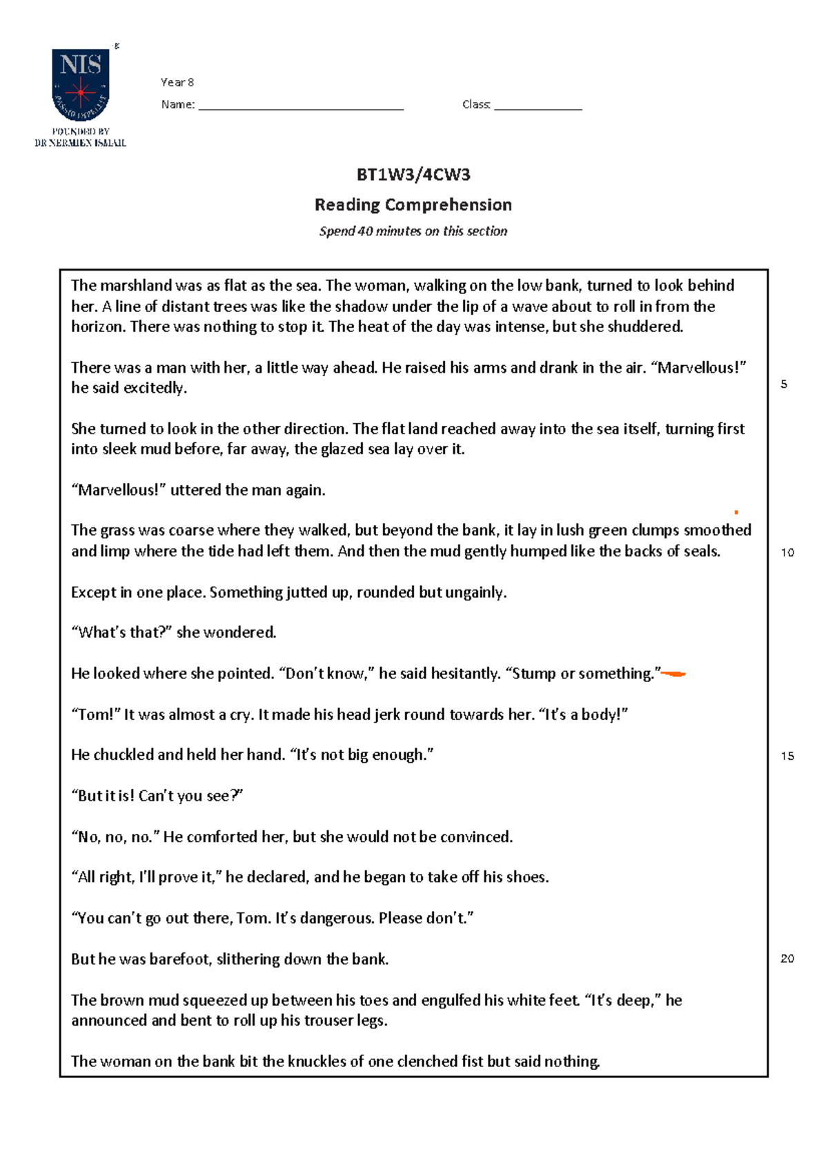 Year 8 Reading Comprehension: Analyzing Tension in the Marshland Scene ...