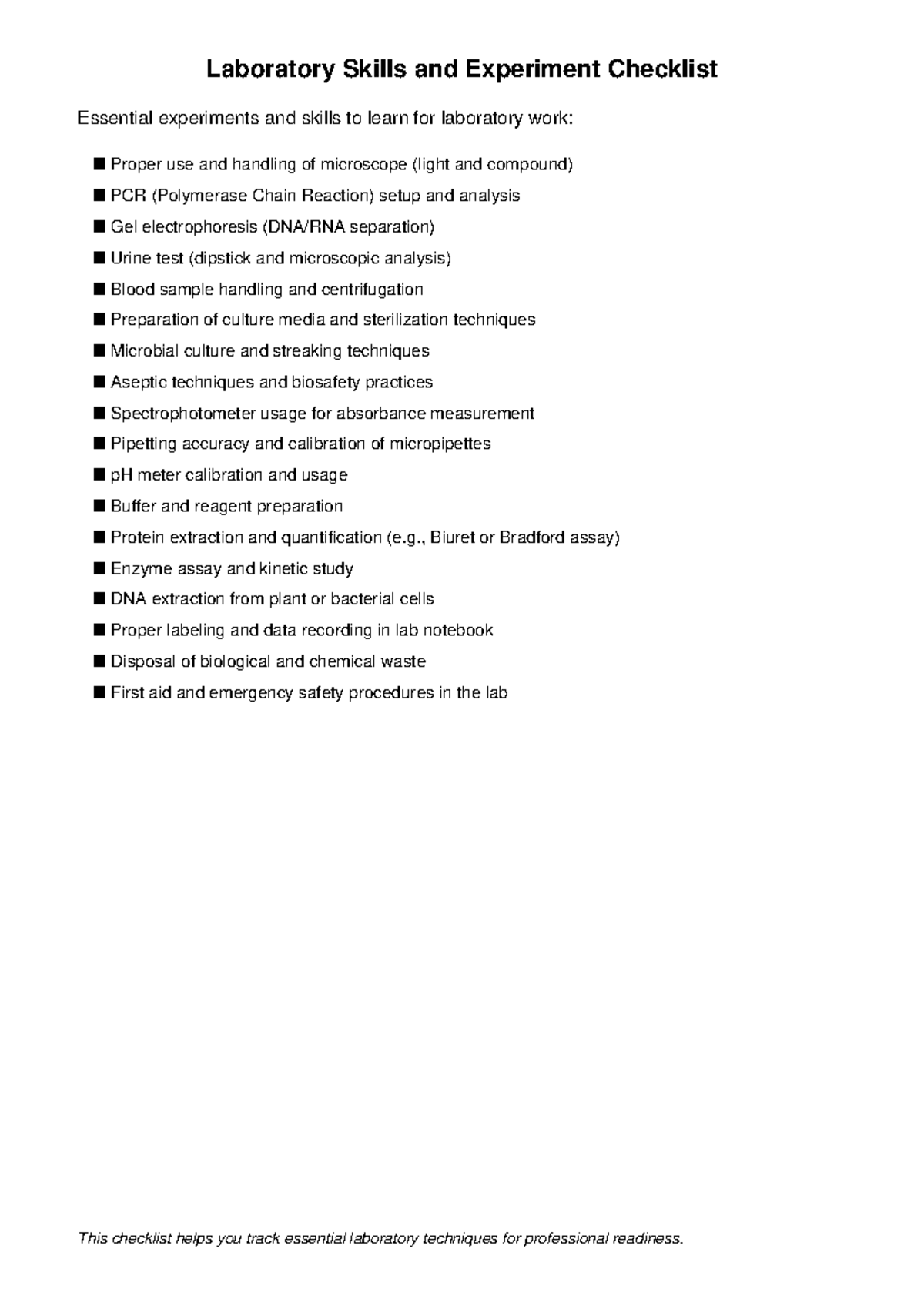 Laboratory Skills & Experiment Checklist: Essential Techniques for ...