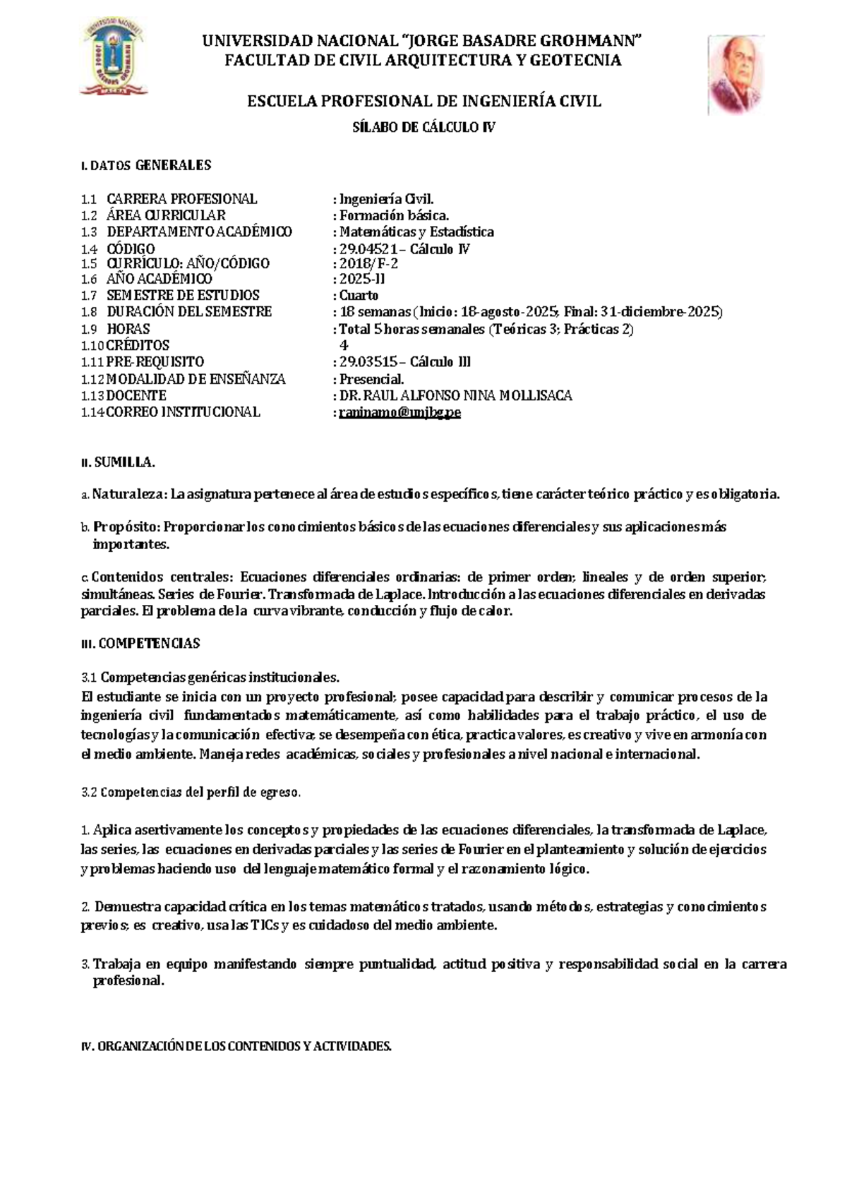 Sílabo de Cálculo IV (29.04521) - Universidad Nacional Basadre 2025-II ...