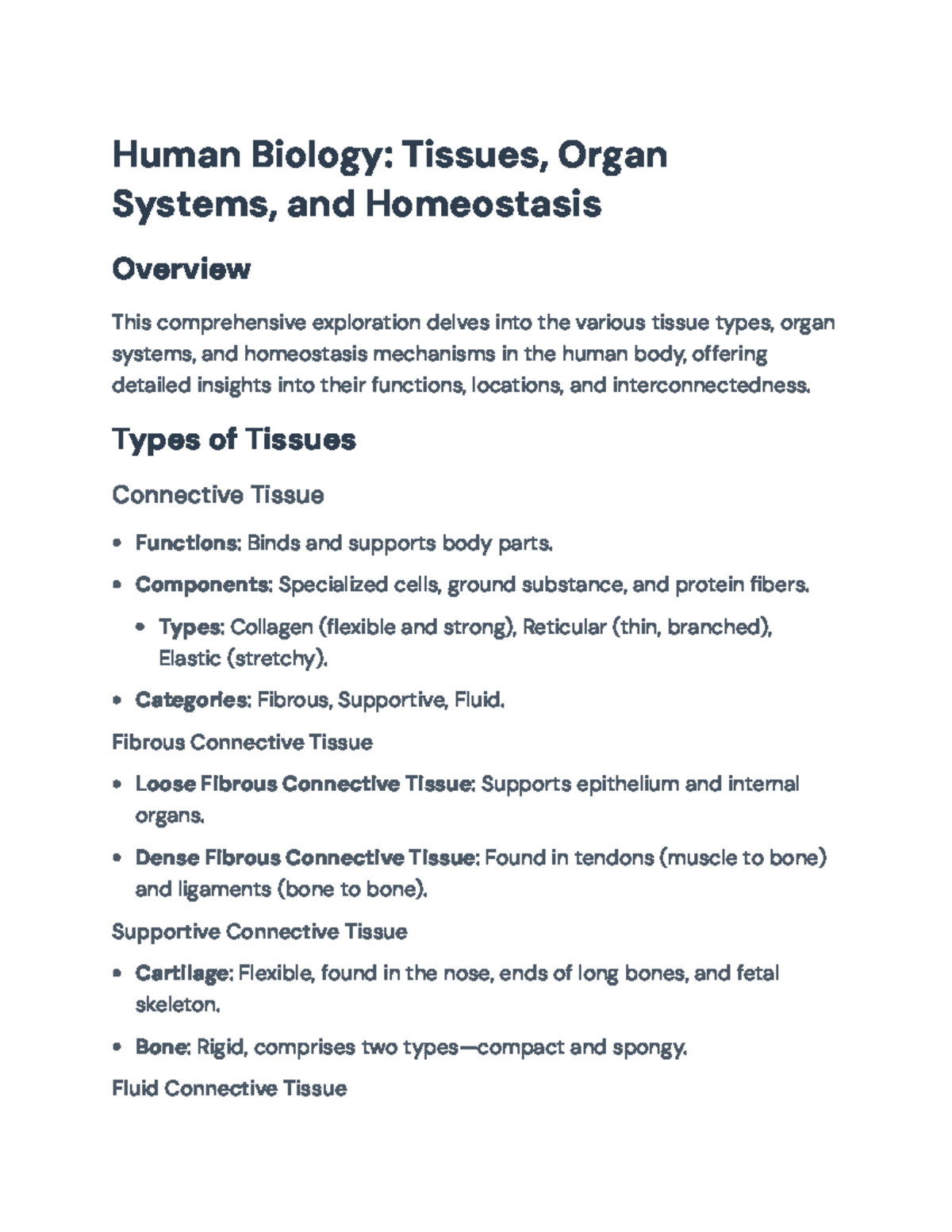 Human Biology Lecture Notes: Tissues, Organ Systems, and Homeostasis ...