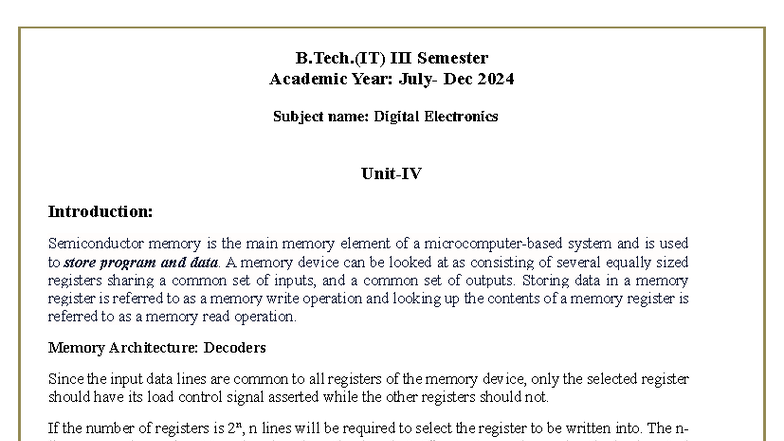 Digital Electronics IT III SEM Unit 4 Notes: Memory Types ...