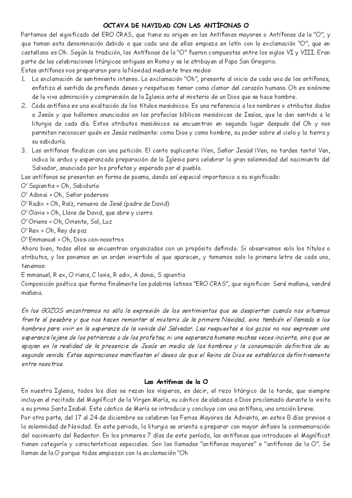 OCTAVA DE NAVIDAD: Significado de las Antífonas ERO CRAS - Studocu