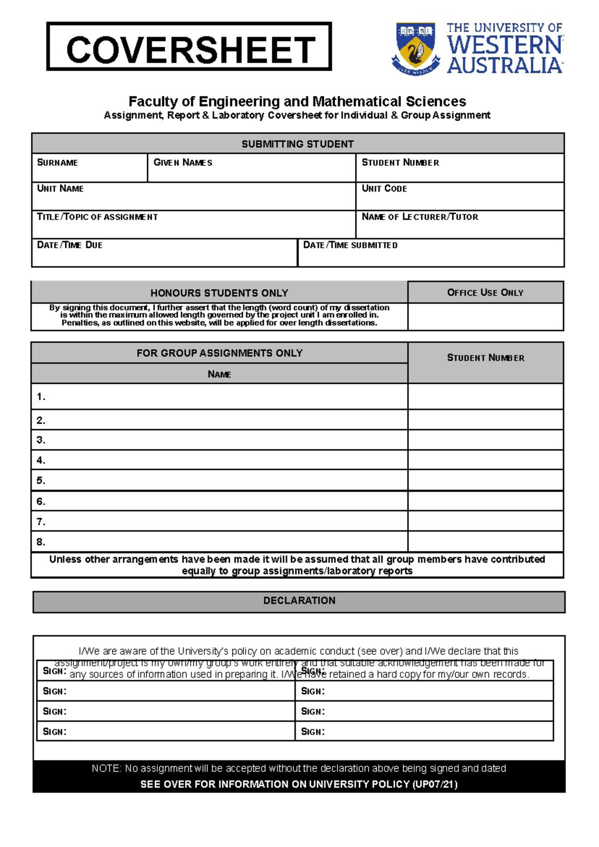 UWA Assignment Cover Sheet - COVERSHEET Faculty of Engineering and ...