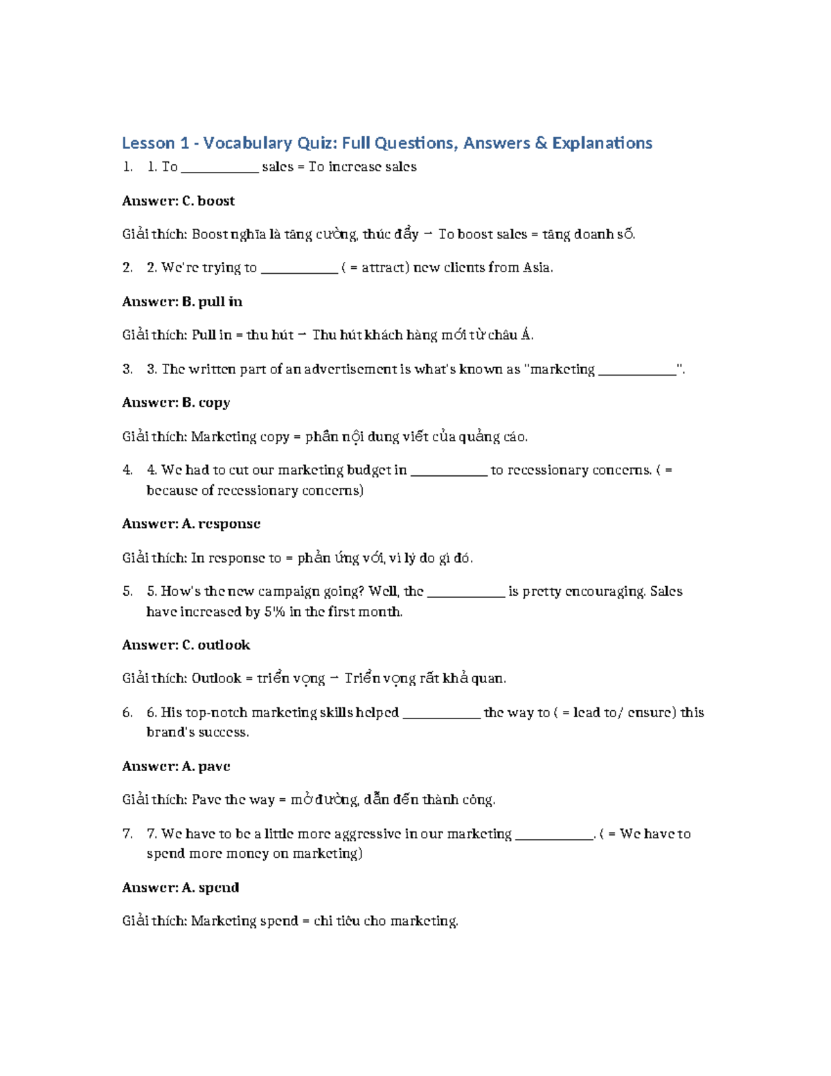 UNIT10 - Lesson 1: Vocabulary Quiz with Questions & Answers - Studocu