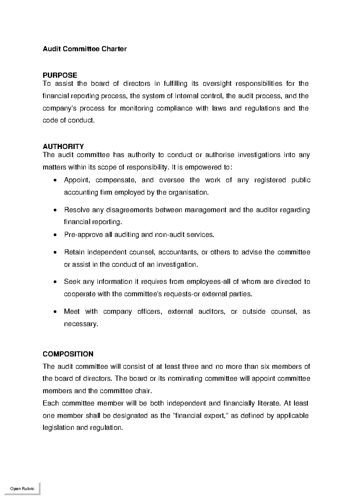 AUI2601 Audit Committee Charter Guidelines and Responsibilities - Studocu