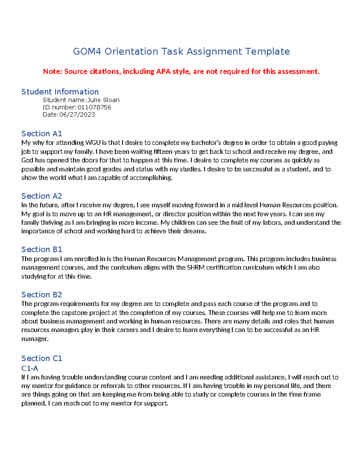 GOM4 Orientation Task Assignment - Julie Sloan - Studocu