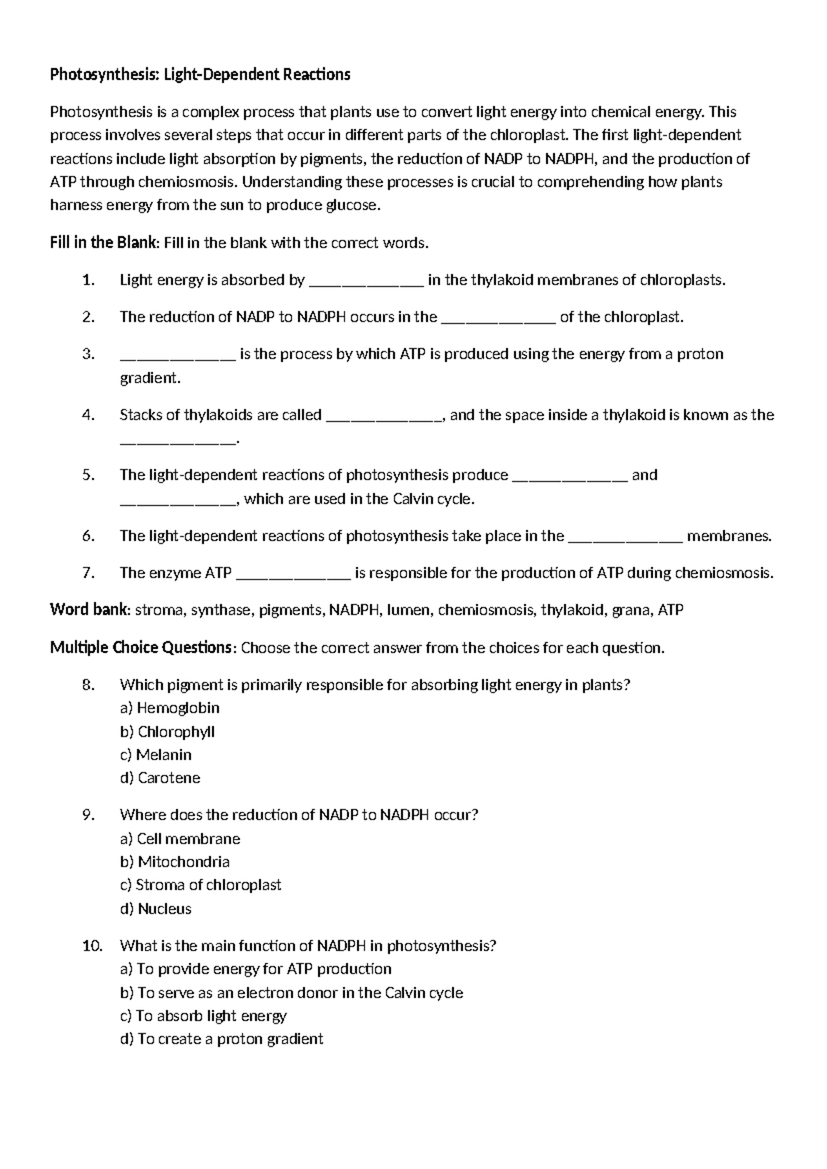 Bio 20 Midterm: Photosynthesis Light-Dependent Reactions Worksheet ...