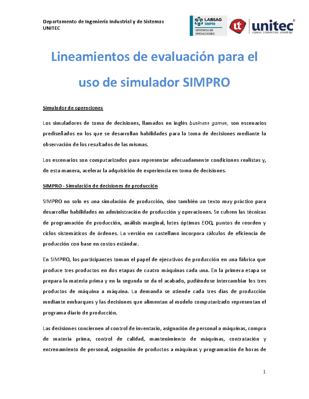 Lineamientos de Evaluación para el Uso del Simulador SIMPRO - UNITEC ...