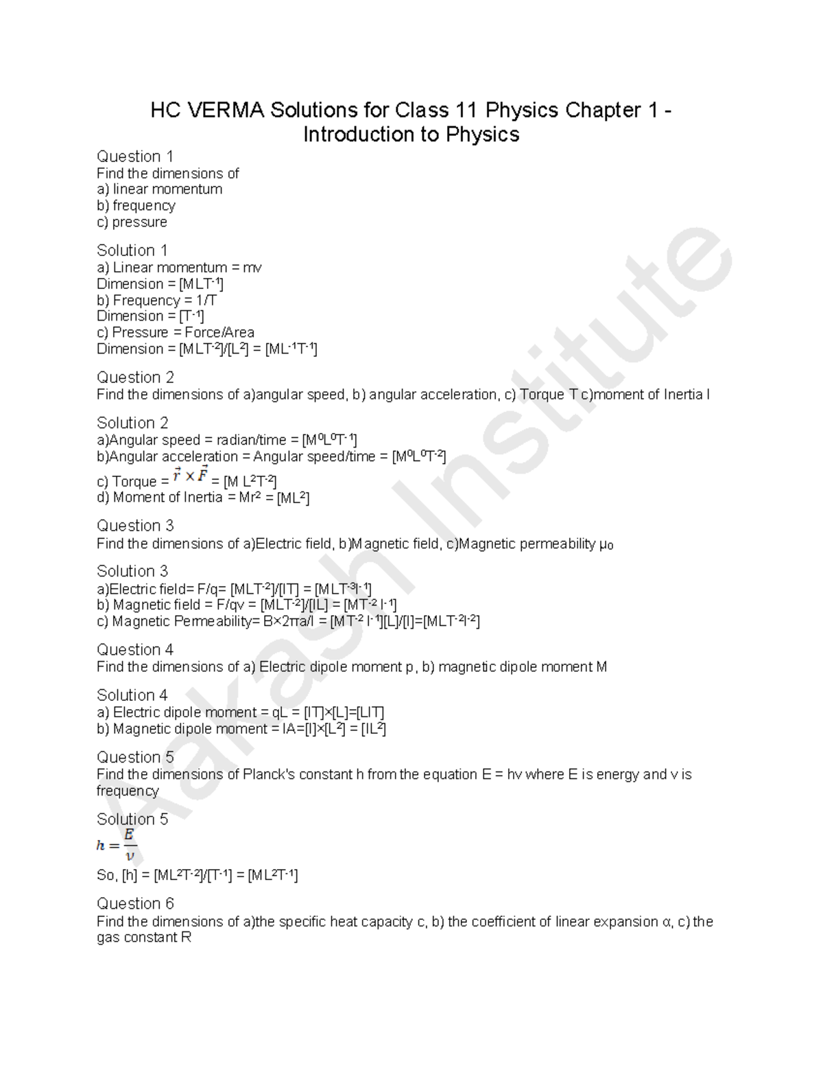 HC Verma Solutions for Class 11 Physics: Chapter 1 Dimensions and Units ...
