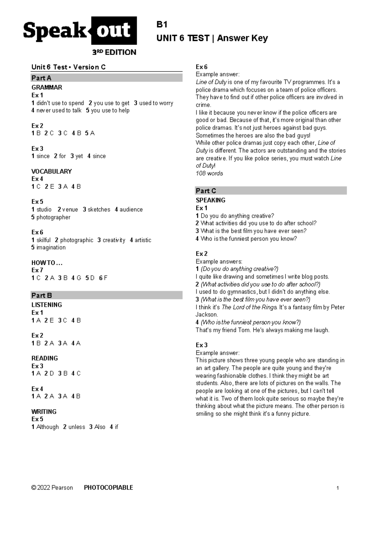 SO3 B1 Unit Test U6C Answer Key: Grammar, Listening, Reading, Writing ...