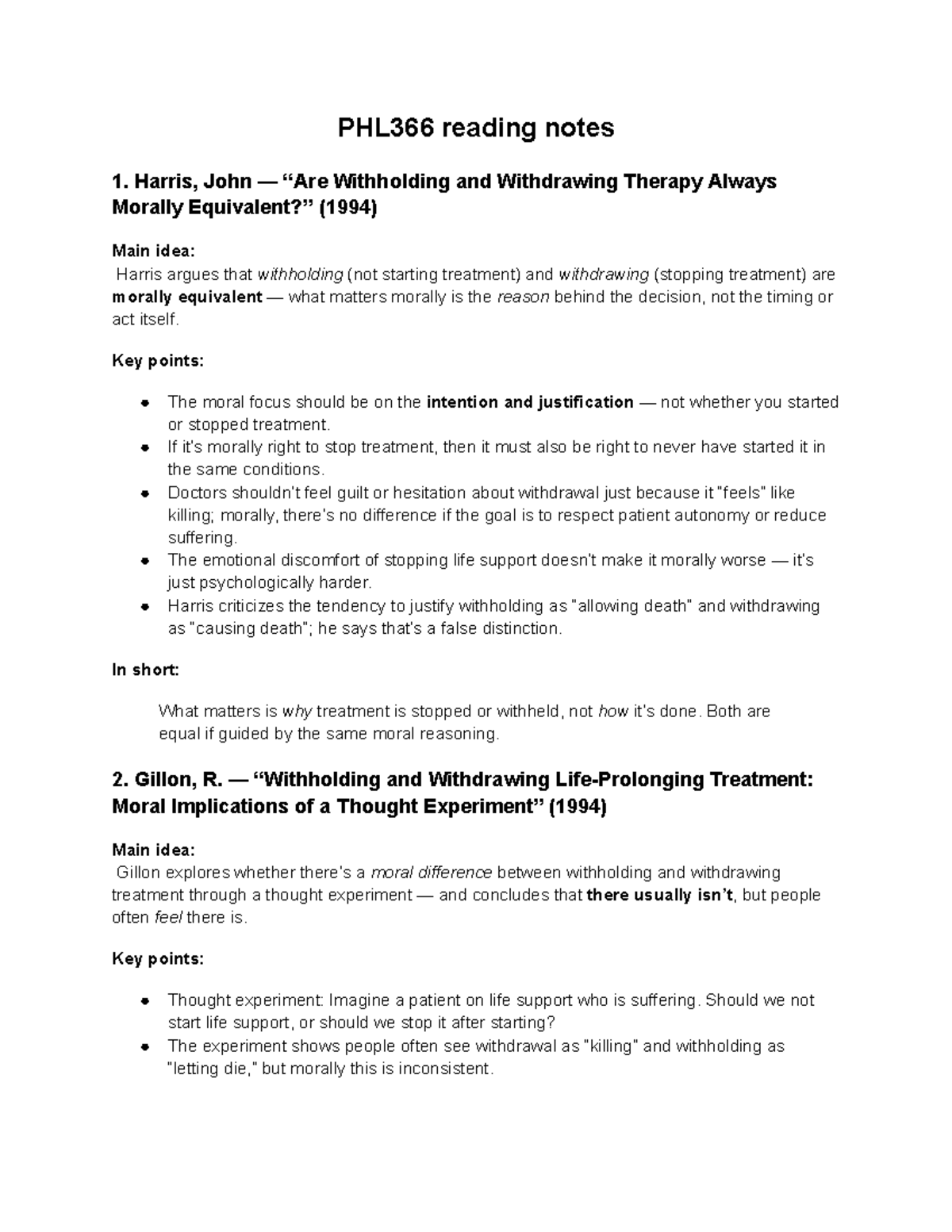 PHL366 Reading Notes: Withholding vs. Withdrawing Therapy Insights ...