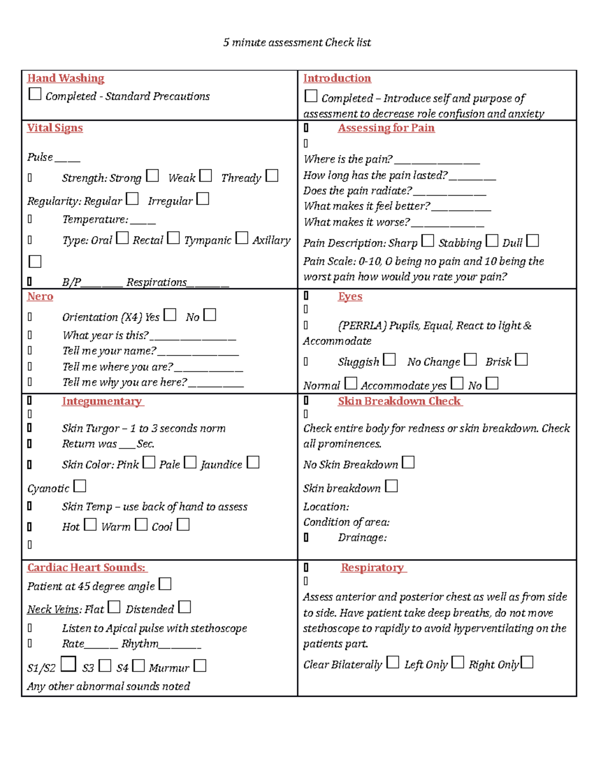 5 Minute Assessment Checklist(1) - 5 minute assessment Check list Hand ...