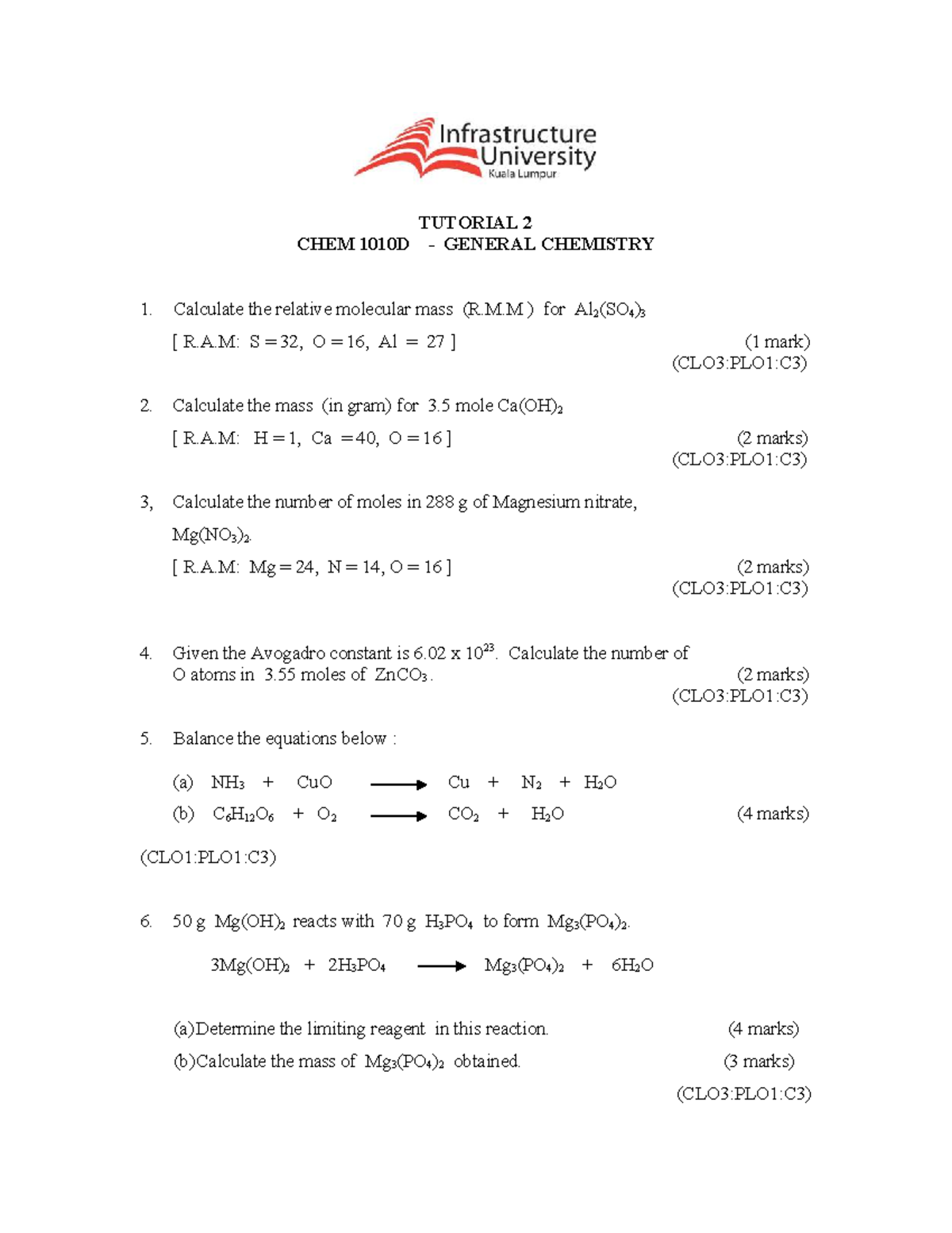 Tutorial 2 - CHEM 1010D General Chemistry 1 Exercises - Studocu