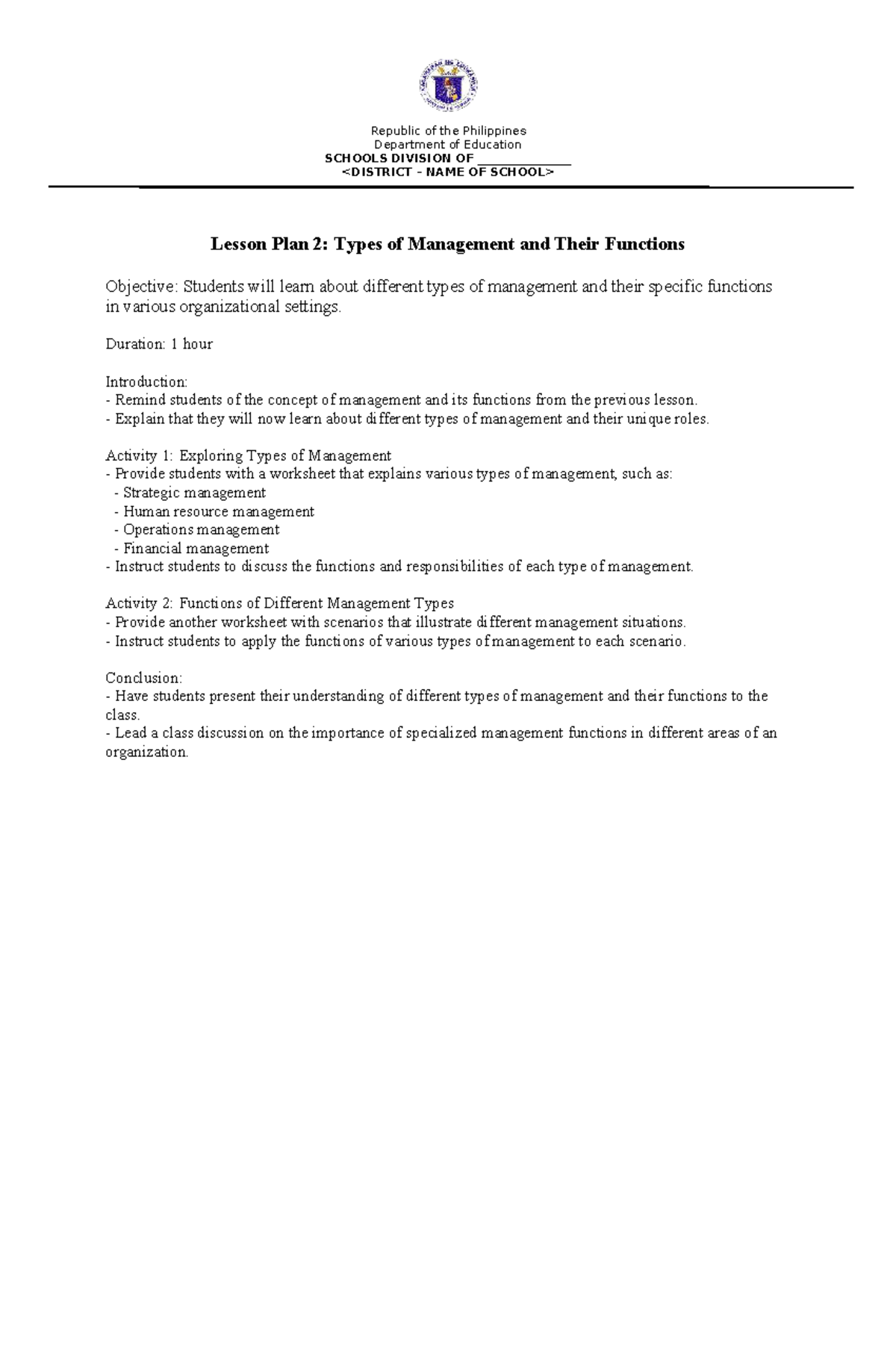Lesson Plan 2: Types of Management & Functions (Org & Mgmt Q1 Wk 1 ...