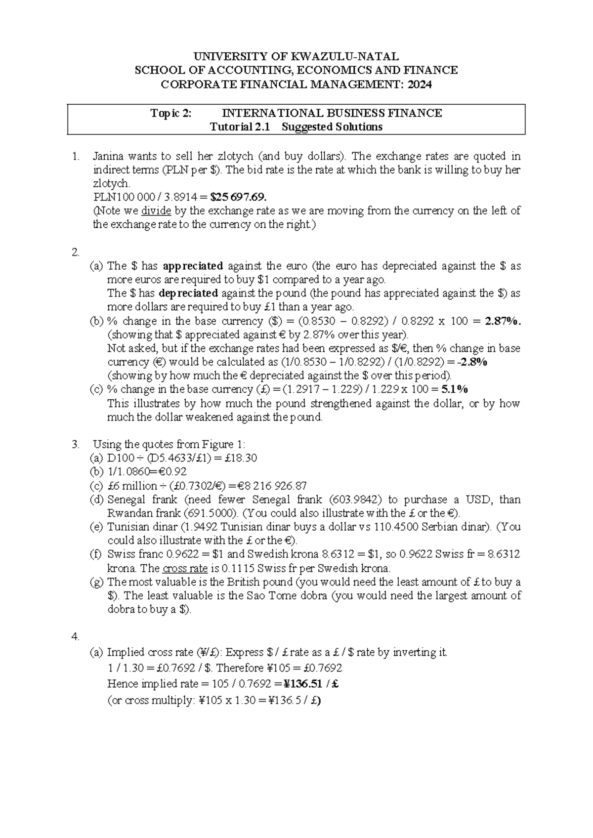 FINA321 Corporate Financial Management Tutorial 2.1 Solutions 2024 ...