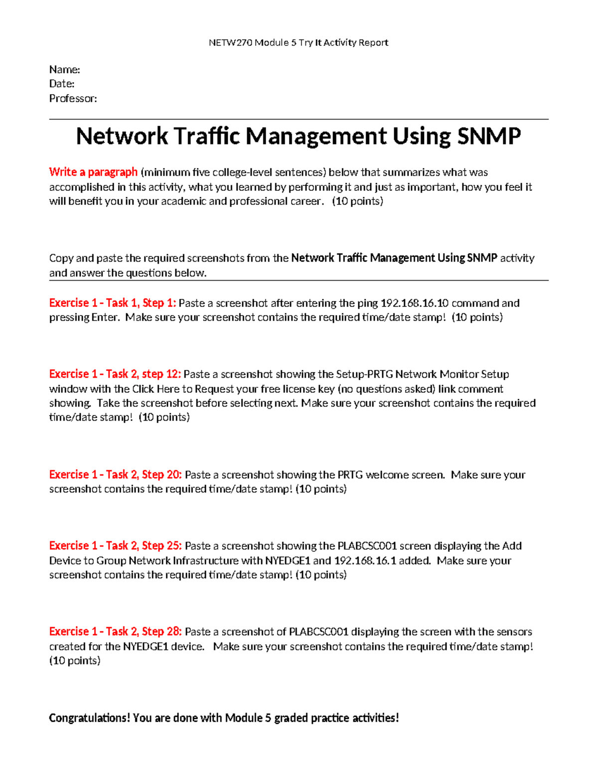 NETW270 Module 5: SNMP Network Traffic Mgmt Activity Report - Studocu