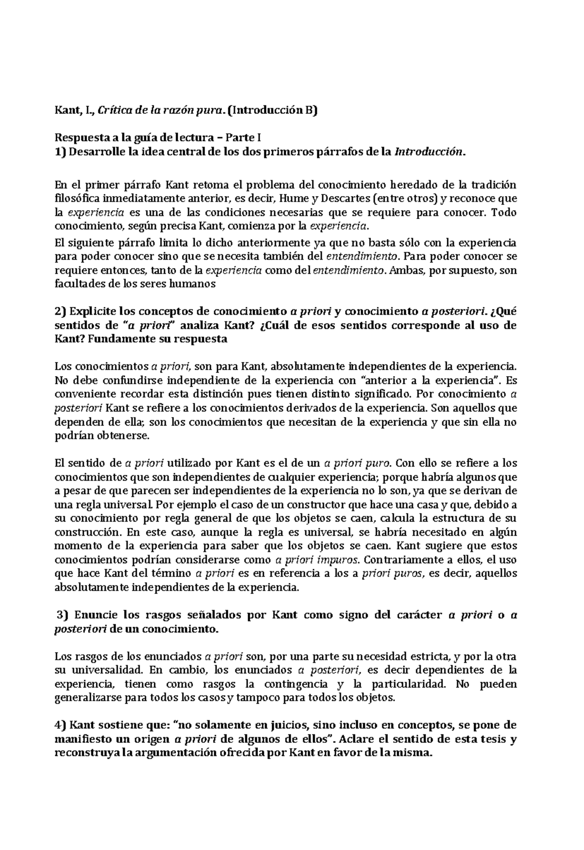 Resolución guía Kant - Filosofia para psicologia UNLP - Kant, I ...