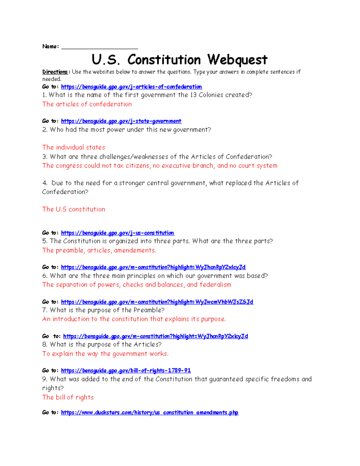 U.S. Constitution Webquest: Exploring Government Structure and ...