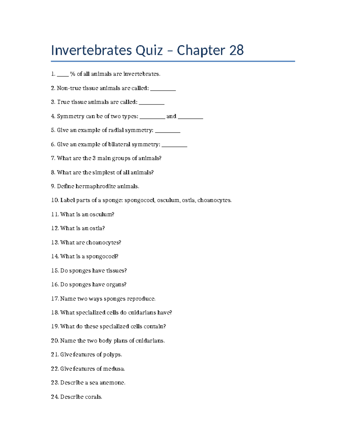 Invertebrates Quiz – Chapter 28 and Key Concepts - Invertebrates Quiz ...