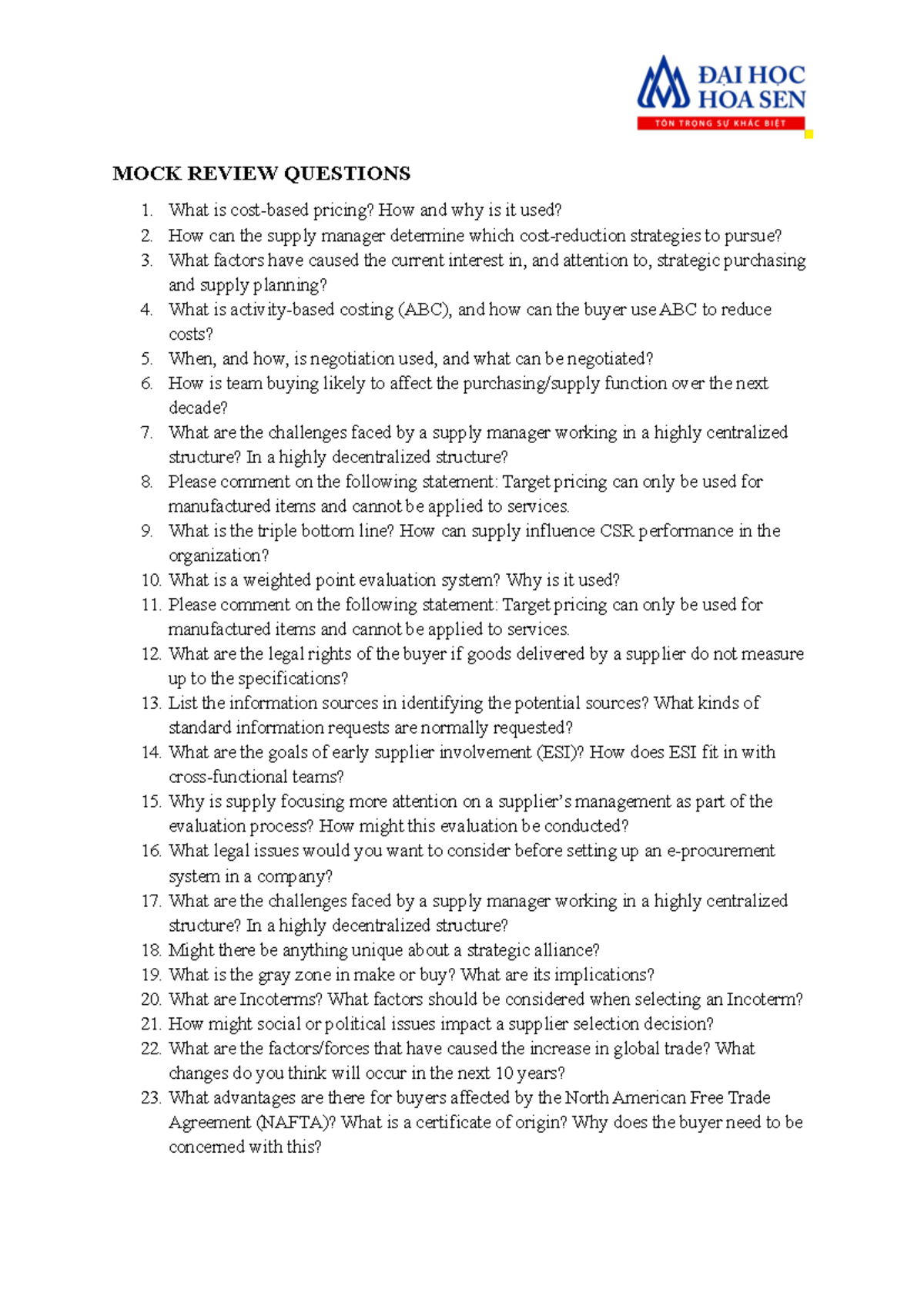 MOCK Review Questions - lobe u - MOCK REVIEW QUESTIONS What is cost ...