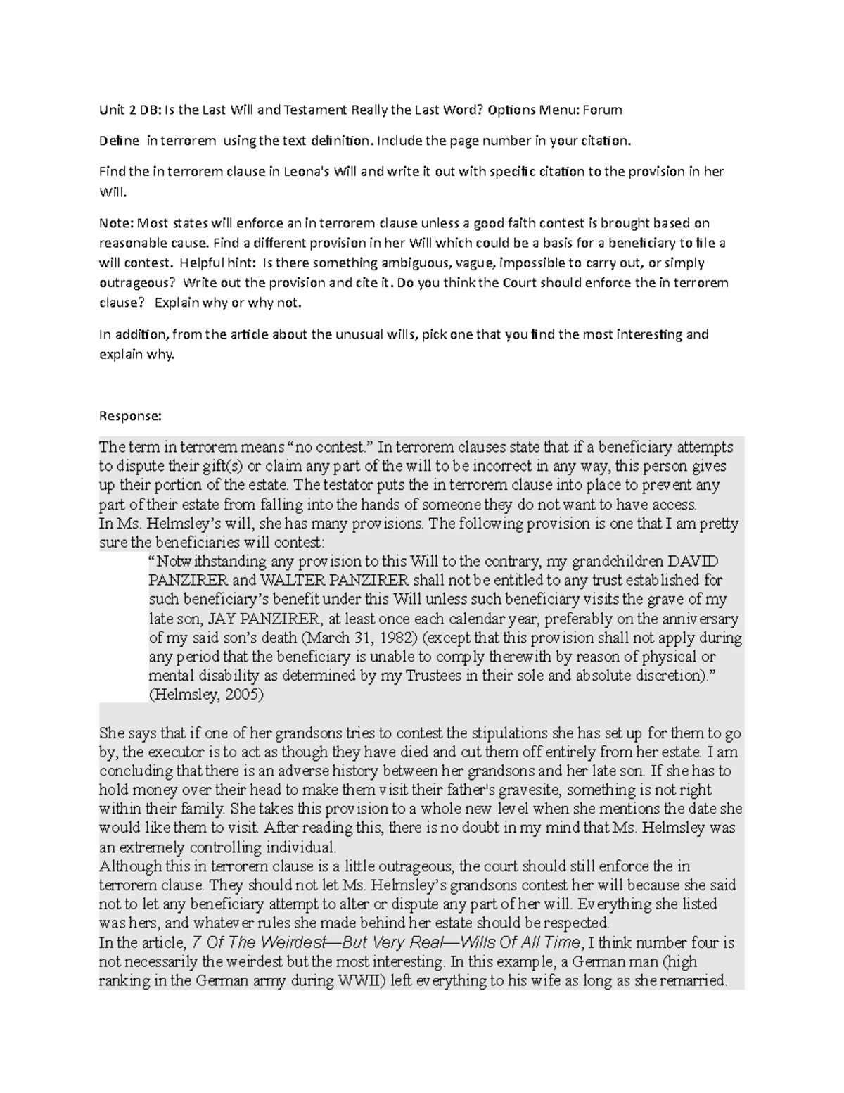 LAW105 Unit 2 DB - Analysis of "in terrorem" Clauses in Wills - Studocu