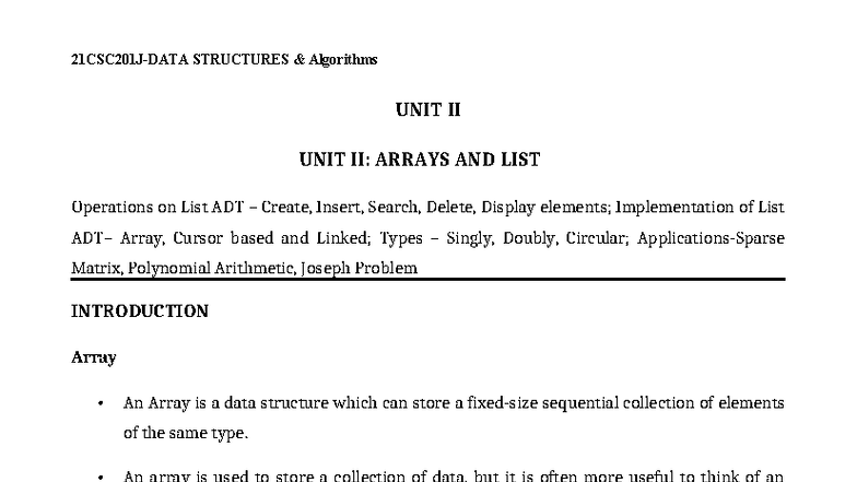 Unit II DSA: Arrays & List ADT Operations and Implementations - Studocu