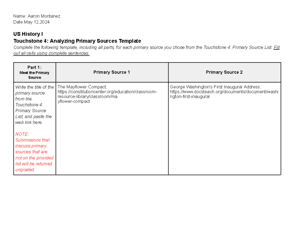 US History I Touchstone 4 Analysis of Primary Sources Template - Studocu