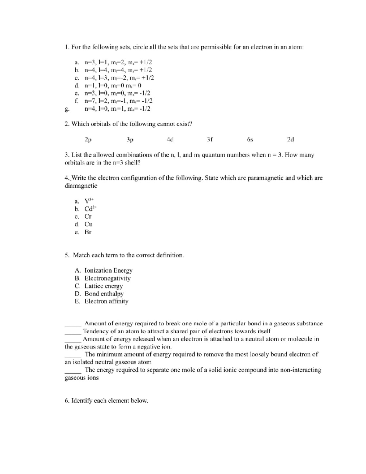 Chemistry Practice Worksheet - Quantum Numbers & Electron ...