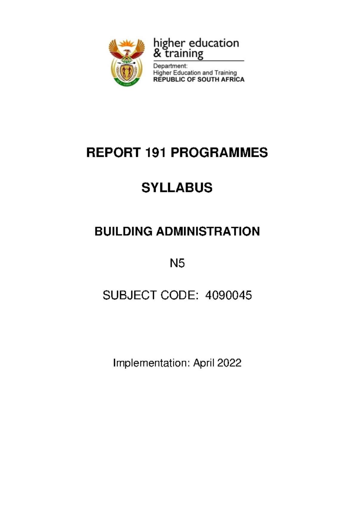 N5 Building Administration Syllabus Report - Subject Code: 4090045 ...
