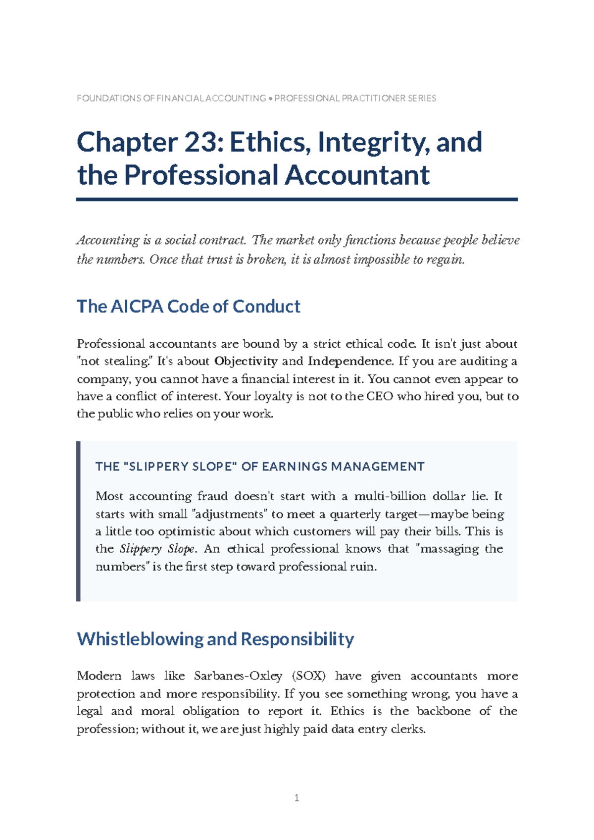 FOUNDATIONS OF FINANCIAL ACCOUNTING: Ethics & Integrity (Chapter 23 ...