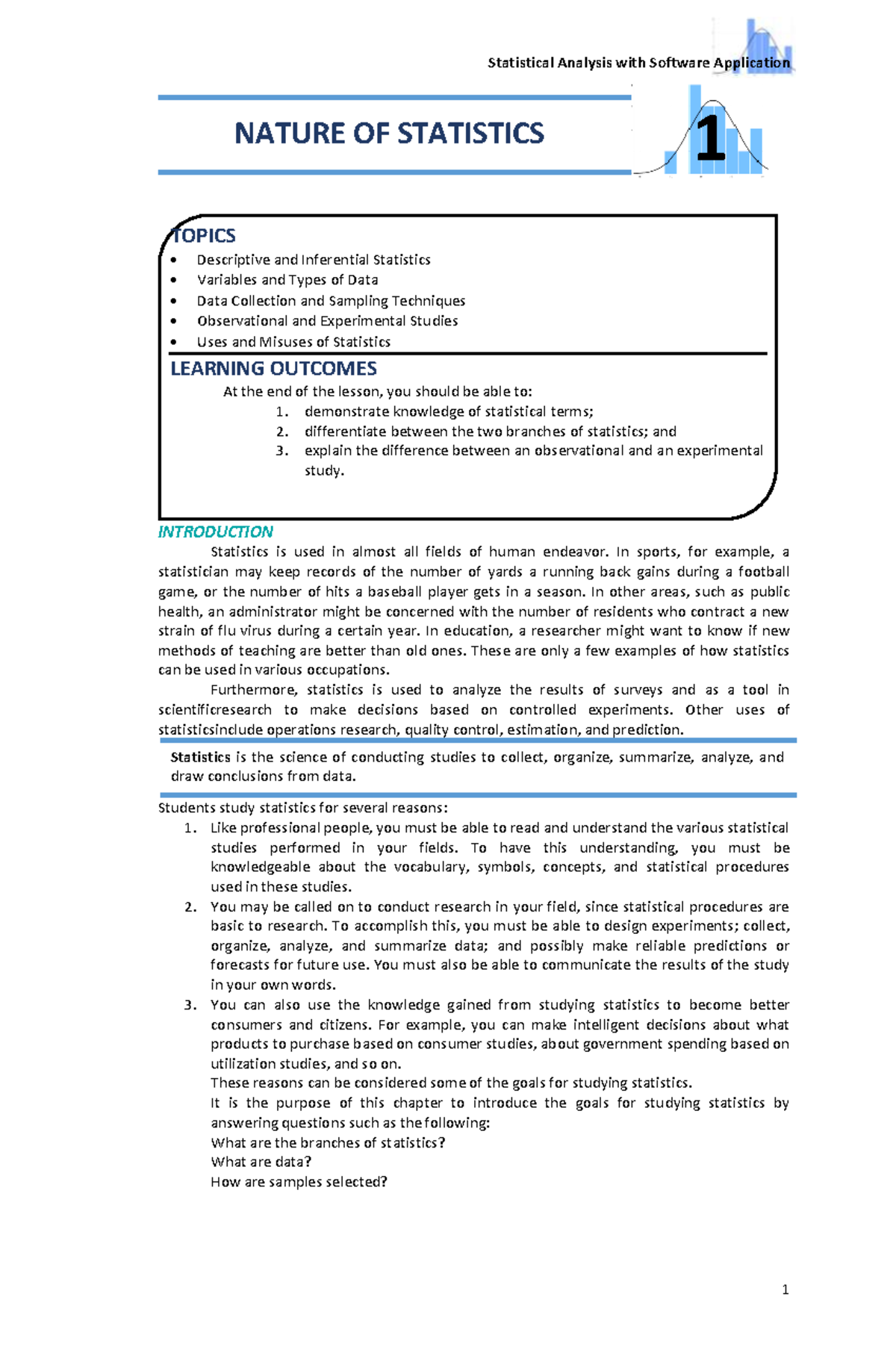 Statistics Analysis - Lesson 1 - INTRODUCTION Statistics is used in ...