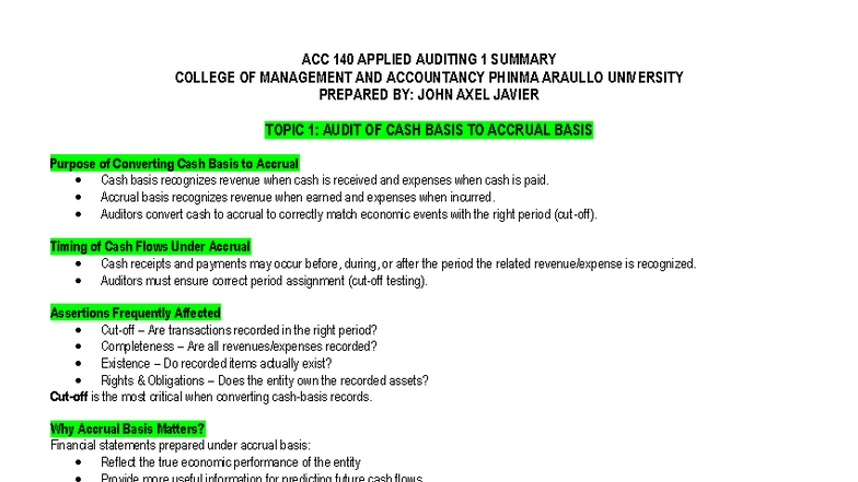 ACC 140 APPLIED AUDITING: CASH TO ACCRUAL SUMMARY - Studocu