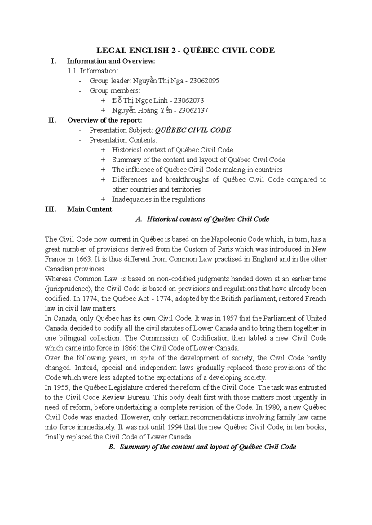 LEGAL ENGLISH 2: Overview of the Québec Civil Code and Its Impacts ...