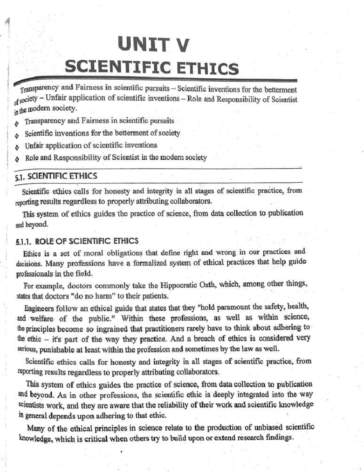 UNIT V SCIENTIFIC ETHICS: Transparency, Fairness, and Responsibility in ...