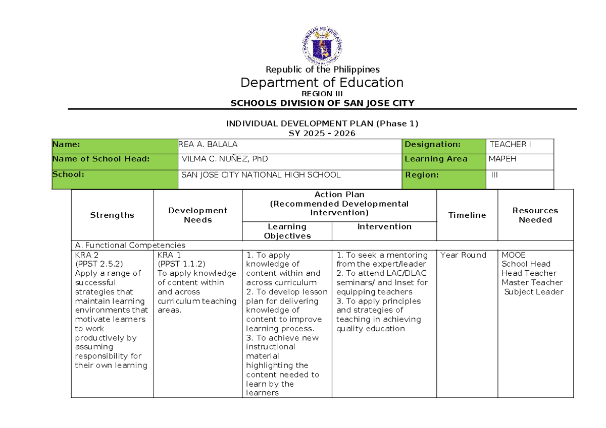 IDP REA - Individual Development Plan Assessment SY 2025-2026 - Studocu