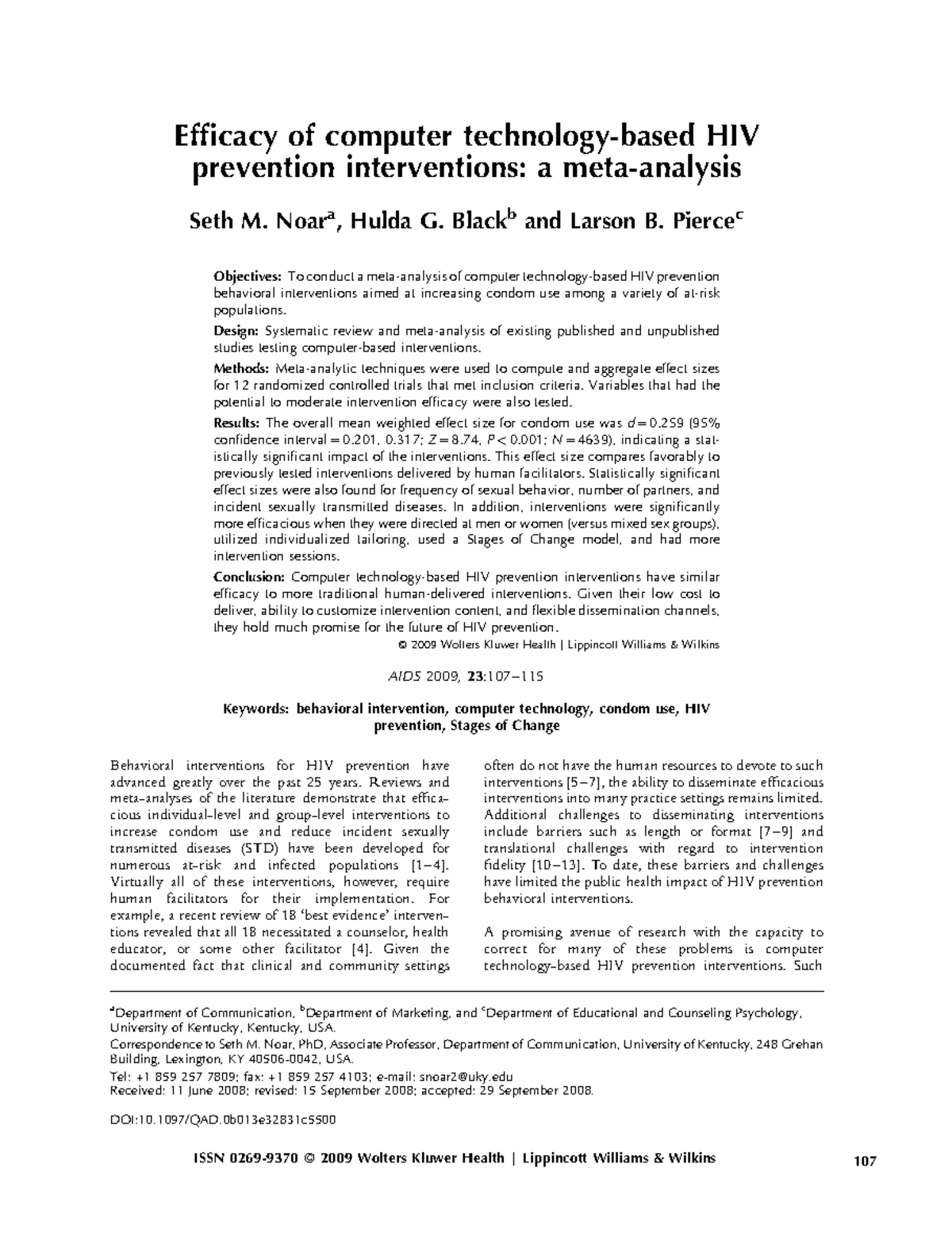 Efficacy of Computer-Based HIV Prevention Interventions: A Meta-Analysis (Noar - Studocu