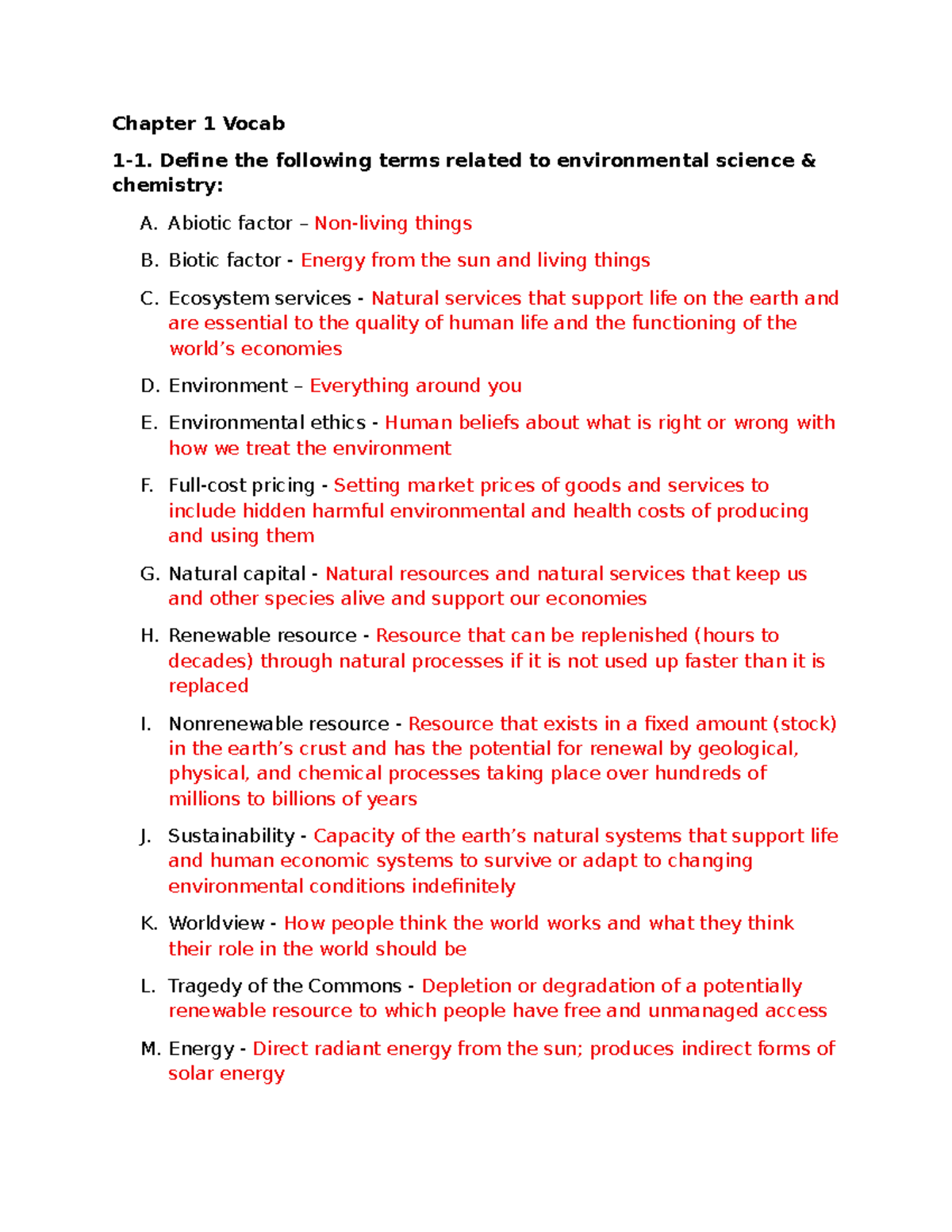 ENV 101: Environmental Science & Chemistry Vocabulary - Chapter 1 - Studocu