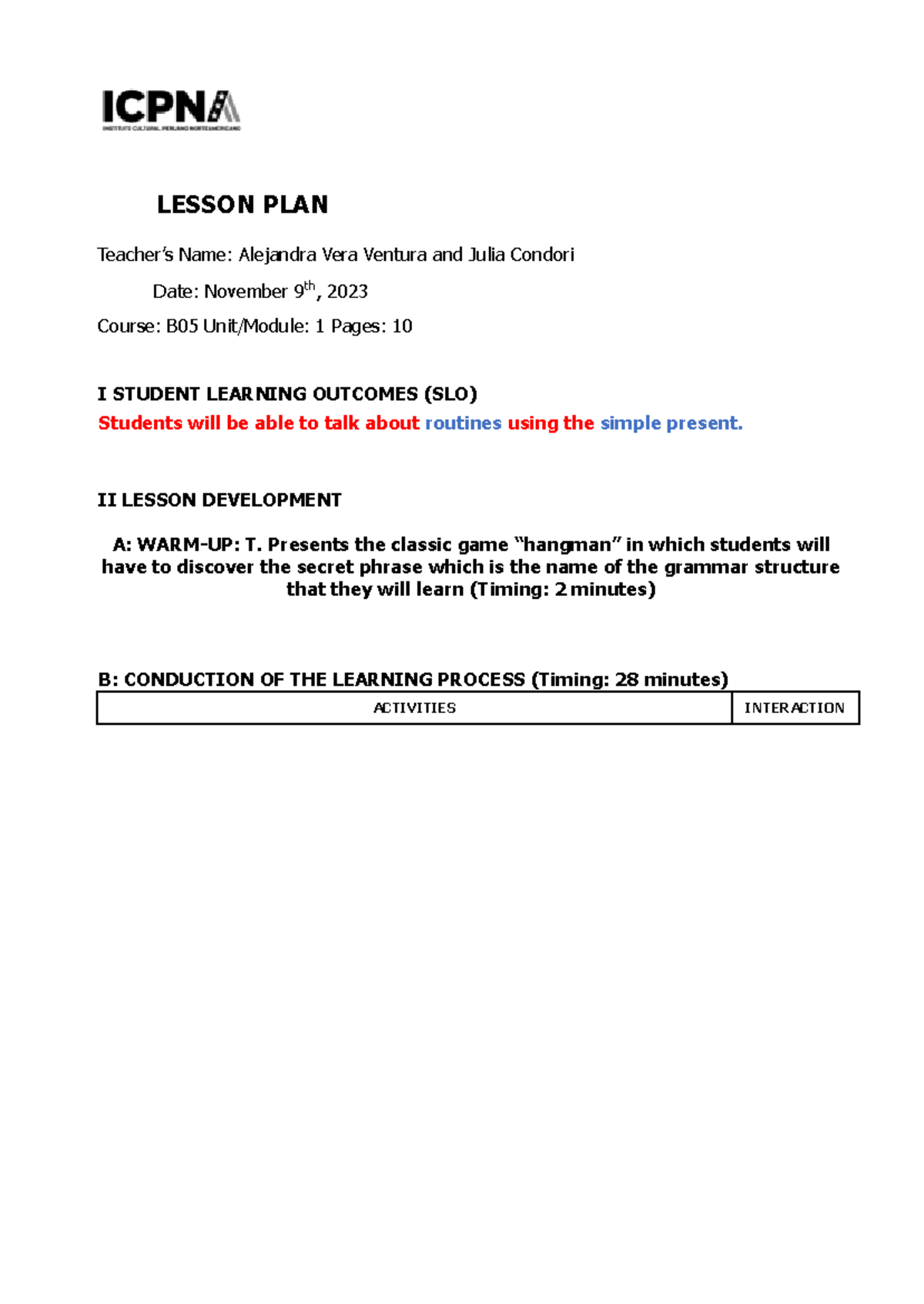 Lesson Plan B05: Teaching Daily Routines with Present Simple - Studocu