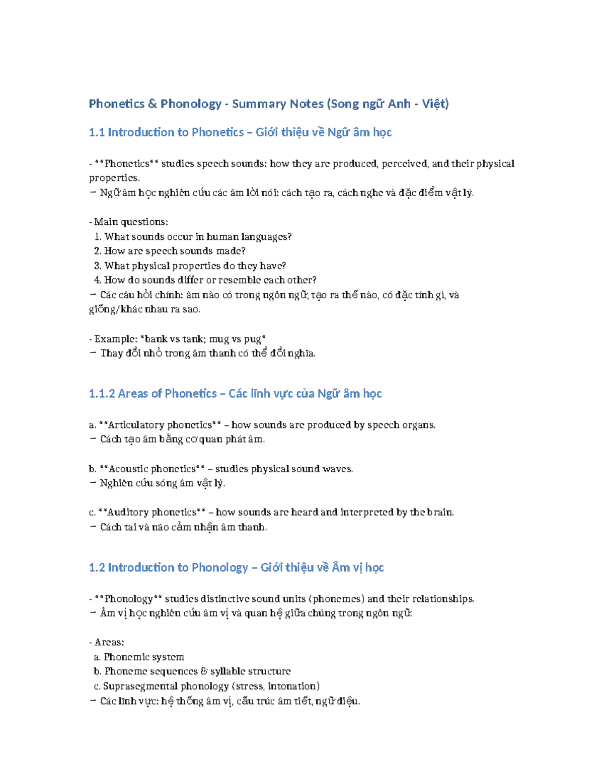 Phonetics & Phonology Summary Notes (ENG-VIE) - Studocu