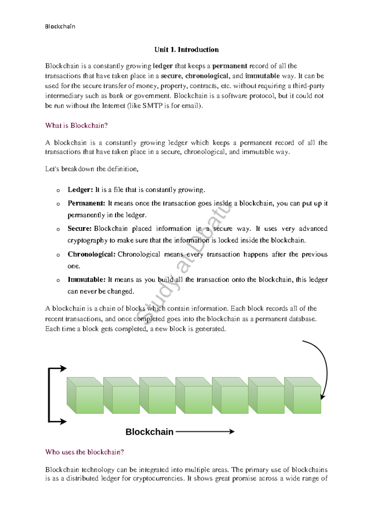 Bct notes - BCT ch1 to ch3 - Unit 1. Introduction Blockchain is a ...